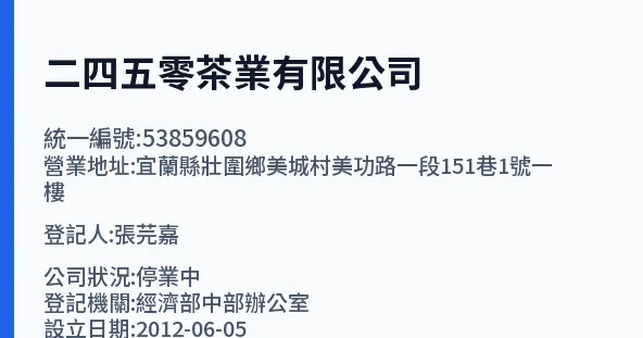 二四五零茶業有限公司的照片-統編 53859608(宜蘭縣) 公司登記資料與營業項目詳細圖表