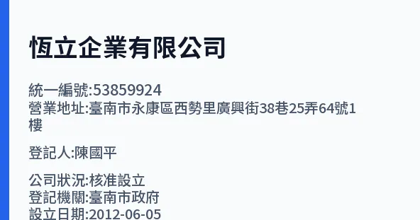 恆立企業有限公司的照片-統編 53859924(臺南市) 公司登記資料與營業項目詳細圖表