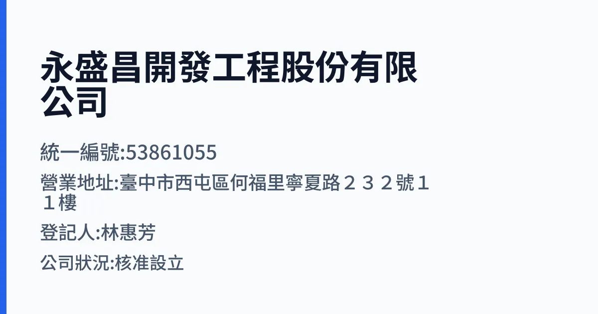 永盛昌開發工程股份有限公司 - 統編 53861055(臺中市) 公司登記資料與營業項目詳細圖表