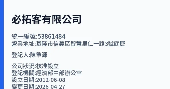 必拓客有限公司的照片-統編 53861484(基隆市) 公司登記資料與營業項目詳細圖表