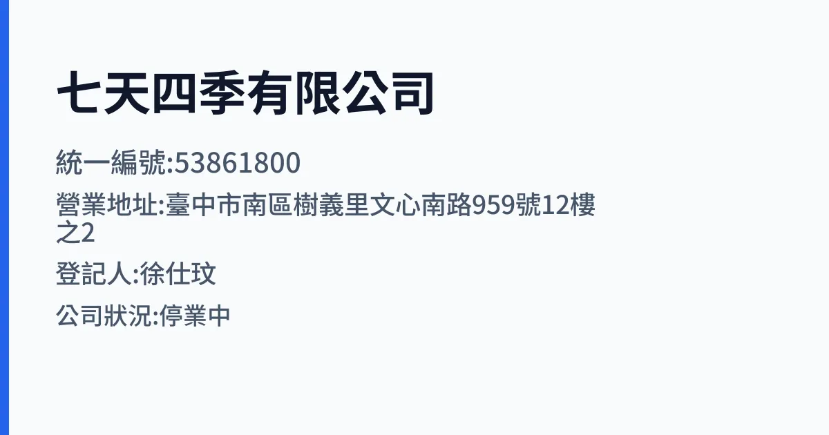 七天四季有限公司 - 統編 53861800(臺中市) 公司登記資料與營業項目詳細圖表