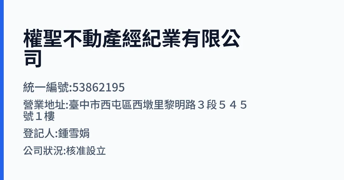 權聖不動產經紀業有限公司 - 統編 53862195(臺中市) 公司登記資料與營業項目詳細圖表