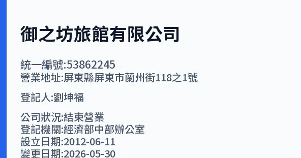 御之坊旅館有限公司的照片-統編 53862245(屏東縣) 公司登記資料與營業項目詳細圖表