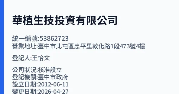 華植生技投資有限公司的照片-統編 53862723(臺中市) 公司登記資料與營業項目詳細圖表