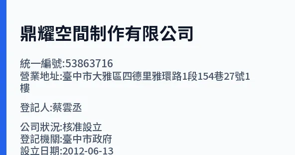鼎耀空間制作有限公司的照片-統編 53863716(臺中市) 公司登記資料與營業項目詳細圖表