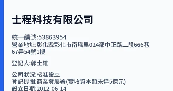 士程科技有限公司的照片-統編 53863954(彰化縣) 公司登記資料與營業項目詳細圖表