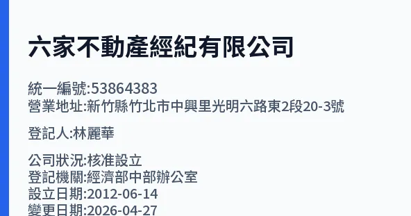 六家不動產經紀有限公司的照片-統編 53864383(新竹縣) 公司登記資料與營業項目詳細圖表