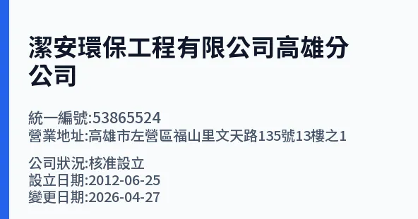 潔安環保工程有限公司高雄分公司的照片-統編 53865524(高雄市) 公司登記資料與營業項目詳細圖表