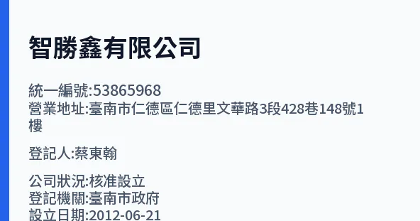 智勝鑫有限公司的照片-統編 53865968(臺南市) 公司登記資料與營業項目詳細圖表