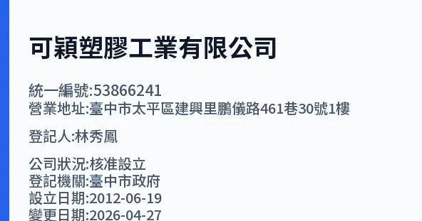 可穎塑膠工業有限公司的照片-統編 53866241(臺中市) 公司登記資料與營業項目詳細圖表