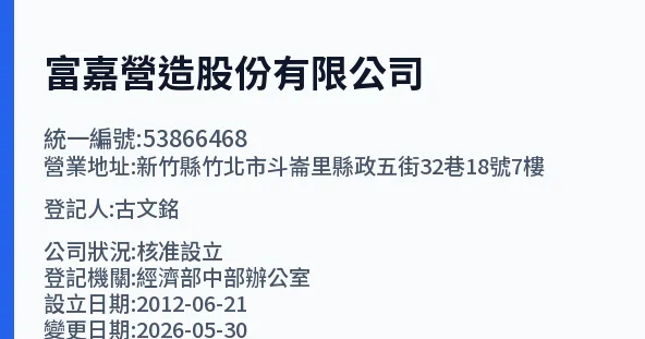 富嘉營造股份有限公司的照片-統編 53866468(新竹縣) 公司登記資料與營業項目詳細圖表
