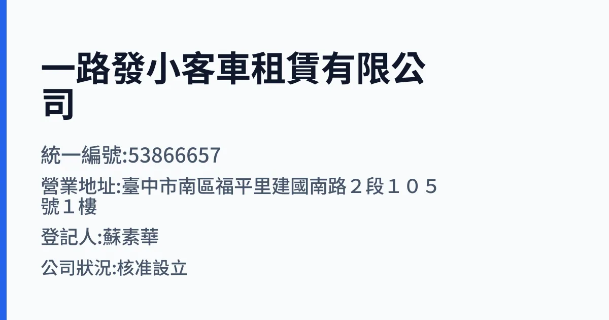 一路發小客車租賃有限公司 - 統編 53866657（臺中市） 公司登記資料與營業項目詳細圖表