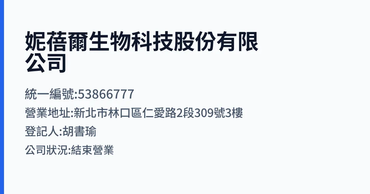 妮蓓爾生物科技股份有限公司 - 統編 53866777(新北市) 公司登記資料與營業項目詳細圖表
