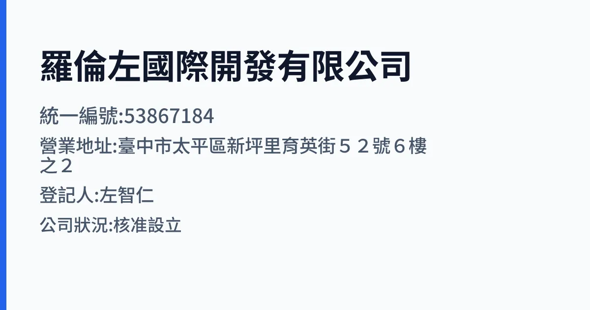 羅倫左國際開發有限公司 - 統編 53867184(臺中市) 公司登記資料與營業項目詳細圖表