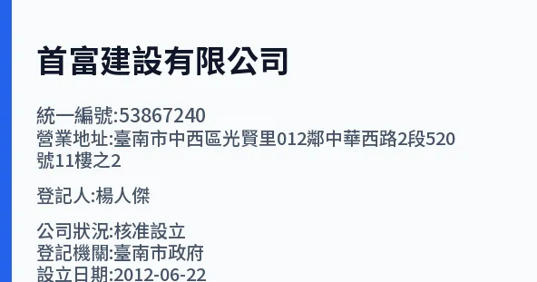 首富建設有限公司的照片-統編 53867240(臺南市) 公司登記資料與營業項目詳細圖表