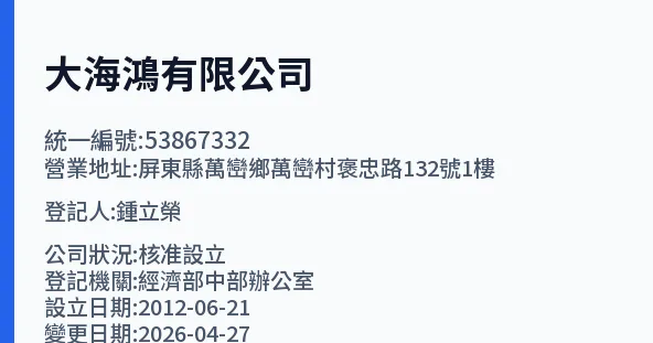 大海鴻有限公司的照片-統編 53867332(屏東縣) 公司登記資料與營業項目詳細圖表