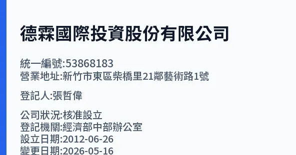 德霖國際投資股份有限公司的照片-統編 53868183(新竹市) 公司登記資料與營業項目詳細圖表