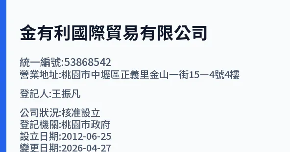 金有利國際貿易有限公司的照片-統編 53868542(桃園市) 公司登記資料與營業項目詳細圖表