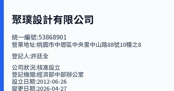 聚璞設計有限公司的照片-統編 53868901(桃園市) 公司登記資料與營業項目詳細圖表