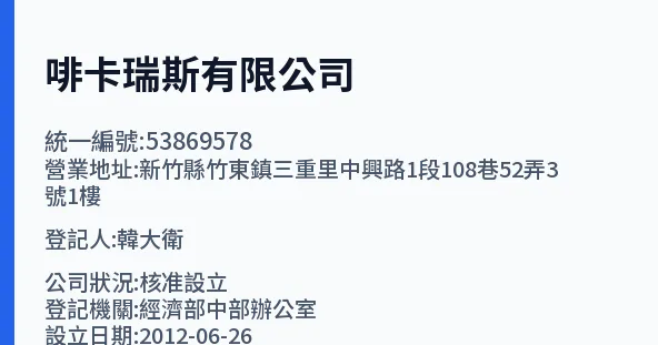 啡卡瑞斯有限公司的照片-統編 53869578(新竹縣) 公司登記資料與營業項目詳細圖表
