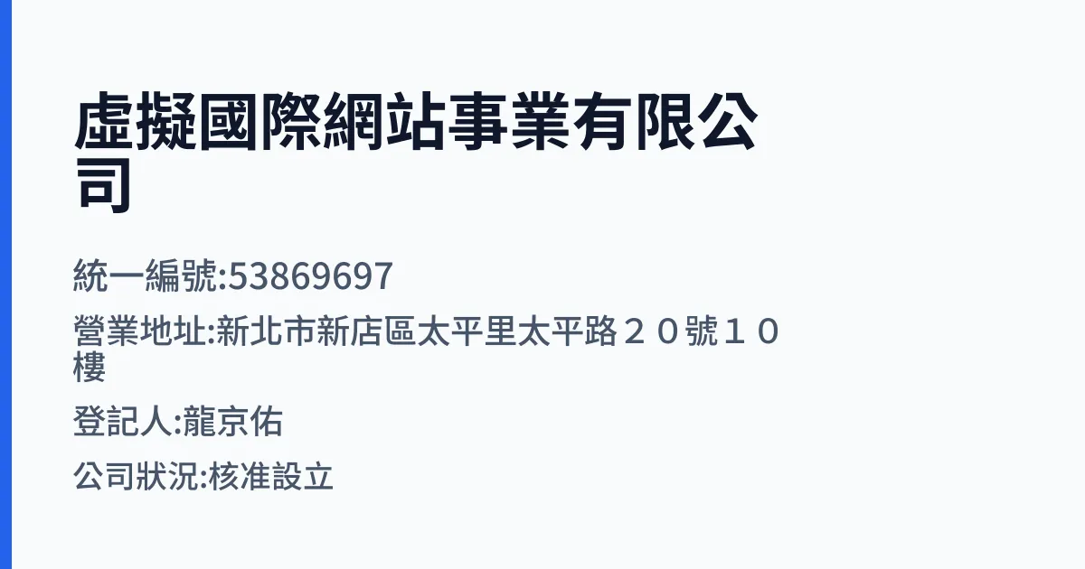 虛擬國際網站事業有限公司 - 統編 53869697(新北市) 公司登記資料與營業項目詳細圖表