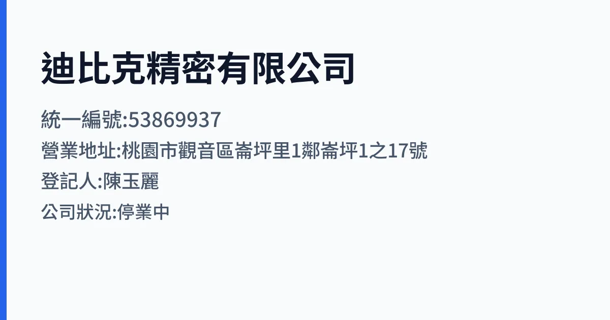 迪比克精密有限公司 - 統編 53869937(桃園市) 公司登記資料與營業項目詳細圖表