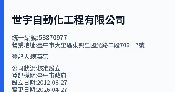 世宇自動化工程有限公司的照片-統編 53870977(臺中市) 公司登記資料與營業項目詳細圖表