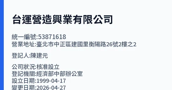台運營造興業有限公司的照片-統編 53871618(臺北市) 公司登記資料與營業項目詳細圖表