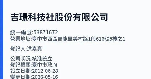 吉璟科技社股份有限公司的照片-統編 53871672(臺中市) 公司登記資料與營業項目詳細圖表