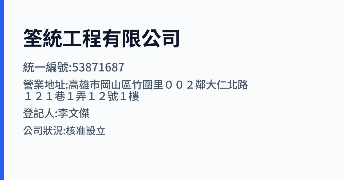 筌統工程有限公司 - 統編 53871687(高雄市) 公司登記資料與營業項目詳細圖表