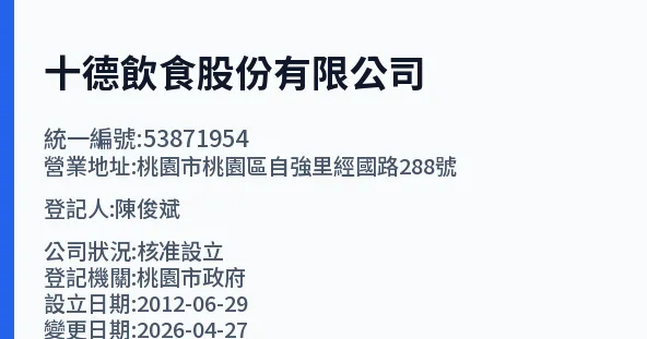 十德飲食股份有限公司的照片-統編 53871954(桃園市) 公司登記資料與營業項目詳細圖表