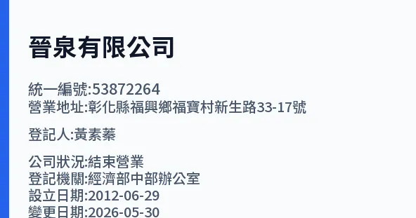 晉泉有限公司的照片-統編 53872264(彰化縣) 公司登記資料與營業項目詳細圖表