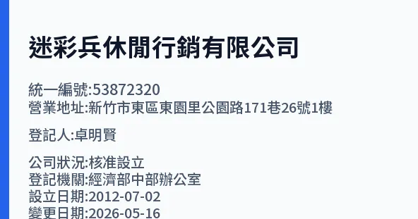 迷彩兵休閒行銷有限公司的照片-統編 53872320(新竹市) 公司登記資料與營業項目詳細圖表