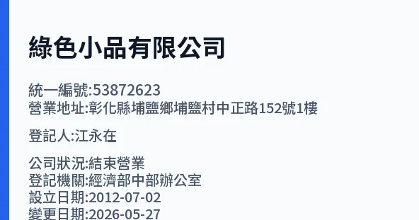 綠色小品有限公司的照片-統編 53872623(彰化縣) 公司登記資料與營業項目詳細圖表