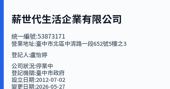 薪世代生活企業有限公司的照片-統編 53873171(臺中市) 公司登記資料與營業項目詳細圖表