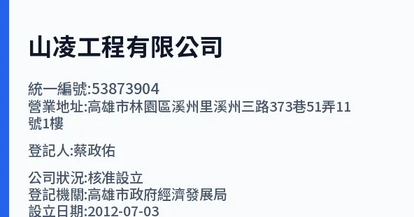 山凌工程有限公司的照片-統編 53873904(高雄市) 公司登記資料與營業項目詳細圖表