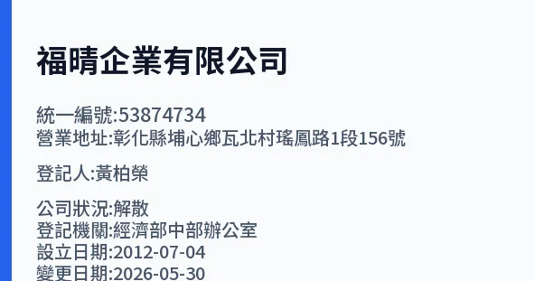 福晴企業有限公司的照片-統編 53874734(彰化縣) 公司登記資料與營業項目詳細圖表