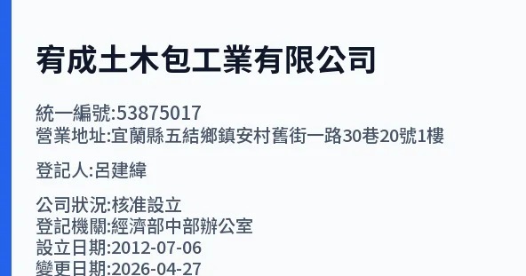 宥成土木包工業有限公司的照片-統編 53875017(宜蘭縣) 公司登記資料與營業項目詳細圖表