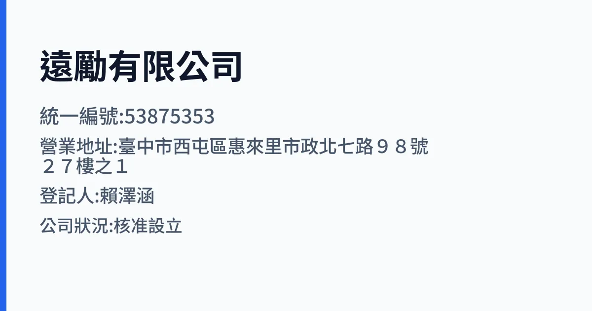 遠勵有限公司 - 統編 53875353(臺中市) 公司登記資料與營業項目詳細圖表