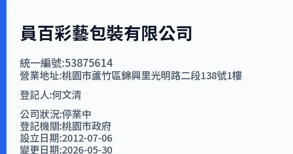 員百彩藝包裝有限公司的照片-統編 53875614(桃園市) 公司登記資料與營業項目詳細圖表
