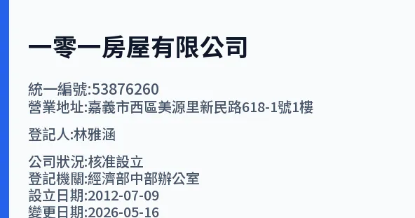 一零一房屋有限公司的照片-統編 53876260(嘉義市) 公司登記資料與營業項目詳細圖表