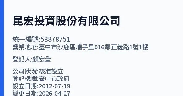昆宏投資股份有限公司的照片-統編 53878751(臺中市) 公司登記資料與營業項目詳細圖表