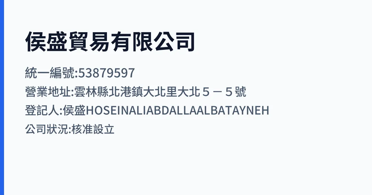 侯盛貿易有限公司 - 統編 53879597(雲林縣) 公司登記資料與營業項目詳細圖表