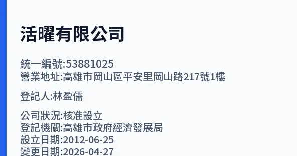 活曜有限公司的照片-統編 53881025(高雄市) 公司登記資料與營業項目詳細圖表