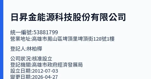 日昇金能源科技股份有限公司的照片-統編 53881799(高雄市) 公司登記資料與營業項目詳細圖表