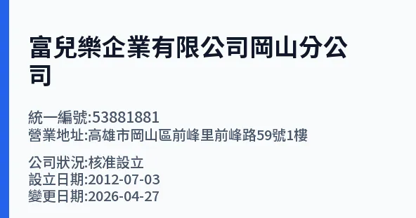 富兒樂企業有限公司岡山分公司的照片-統編 53881881(高雄市) 公司登記資料與營業項目詳細圖表