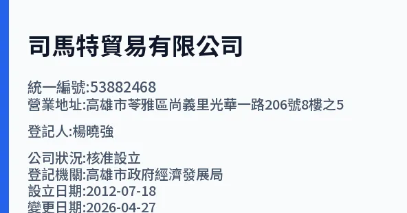 司馬特貿易有限公司的照片-統編 53882468(高雄市) 公司登記資料與營業項目詳細圖表