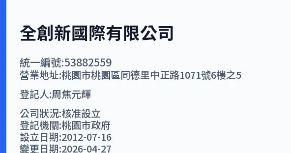 全創新國際有限公司的照片-統編 53882559(桃園市) 公司登記資料與營業項目詳細圖表