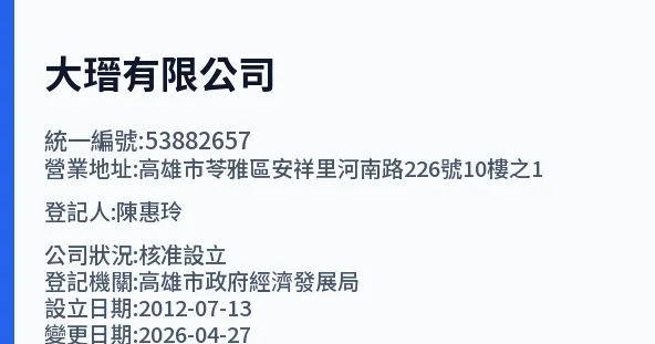 大瑨有限公司的照片-統編 53882657(高雄市) 公司登記資料與營業項目詳細圖表