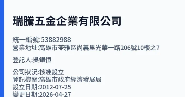 瑞騰五金企業有限公司的照片-統編 53882988(高雄市) 公司登記資料與營業項目詳細圖表